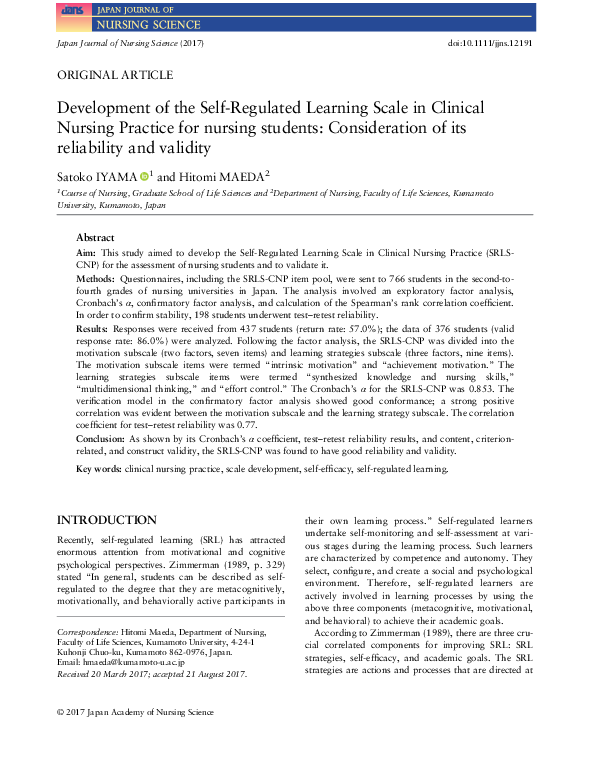 (PDF) Development of the Self‐Regulated Learning Scale in Clinical ...