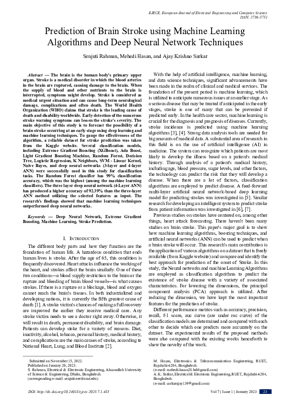 (PDF) Prediction of Brain Stroke using Machine Learning Algorithms and Deep Neural Network ...