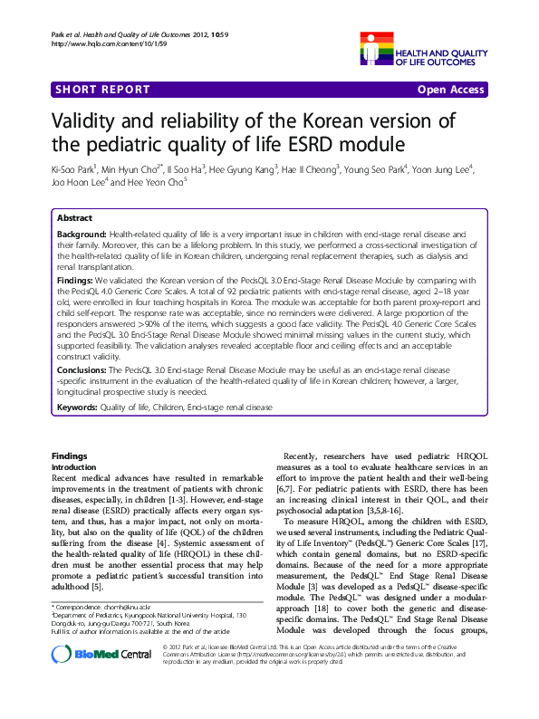 (PDF) Validity and reliability of the Korean version of the pediatric quality of life ESRD module