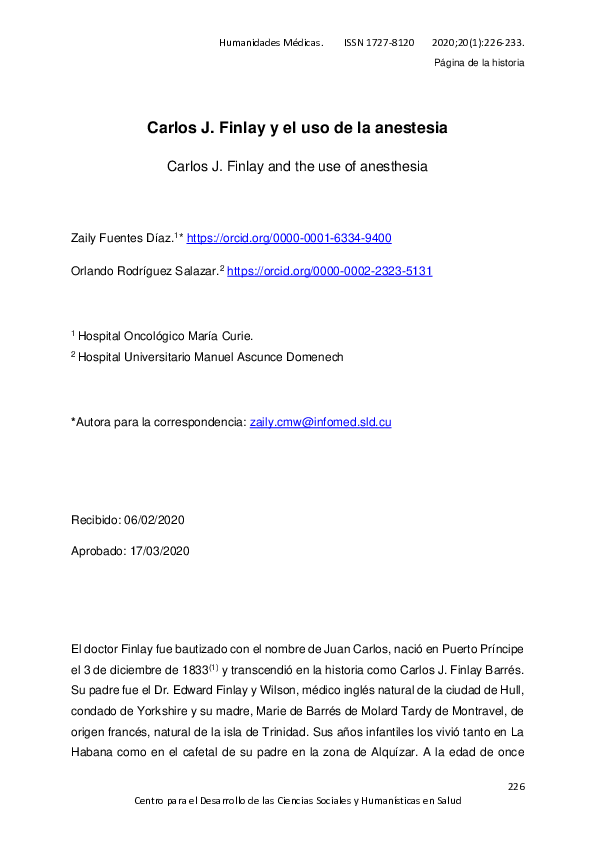 (PDF) Carlos J. Finlay and the use of anesthesia