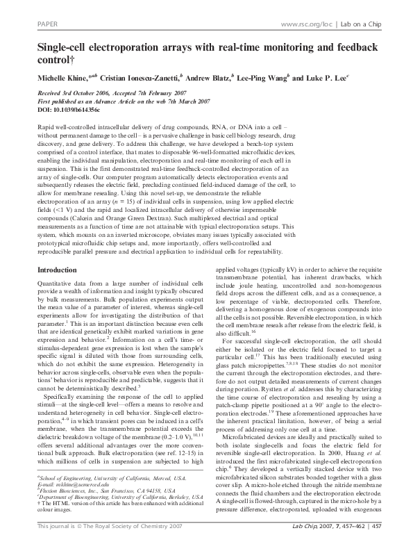 (PDF) Single-cell electroporation arrays with real-time monitoring and ...