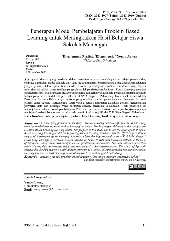 (PDF) Penerapan Model Pembelajaran Problem Based Learning untuk Meningkatkan Hasil Belajar Siswa ...