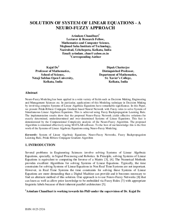 Pdf Solution Of System Of Linear Equations A Neuro Fuzzy Approach