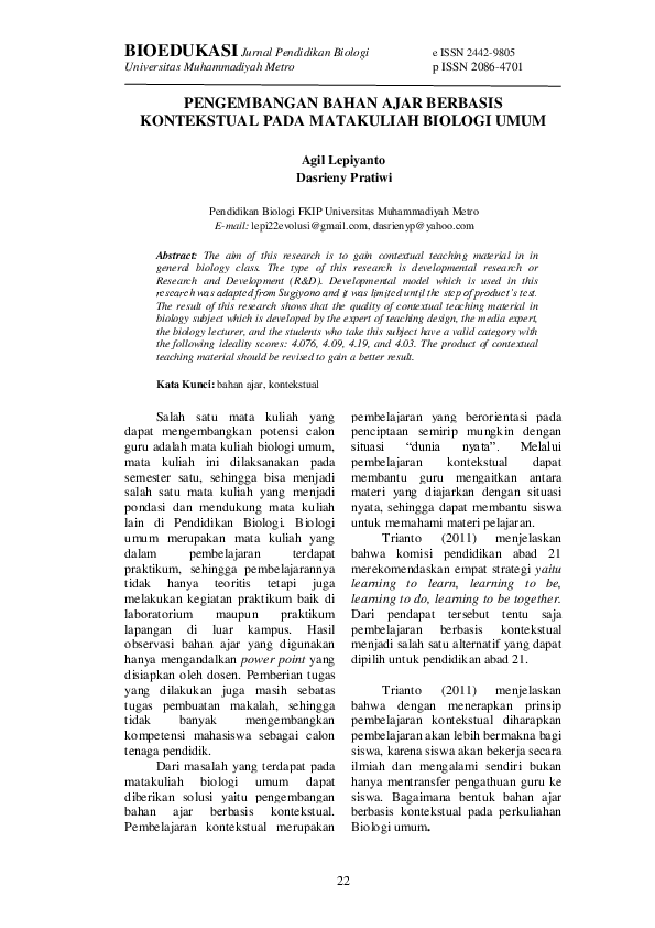 (PDF) Pengembangan Bahan Ajar Berbasis Kontekstual Pada Matakuliah Biologi Umum