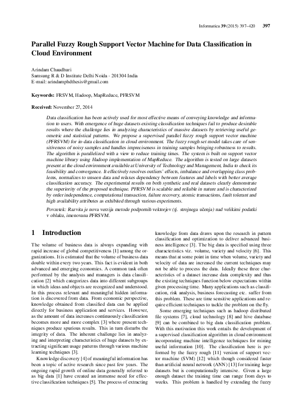 (PDF) Parallel Fuzzy Rough Support Vector Machine for Data Classification in Cloud Environment ...