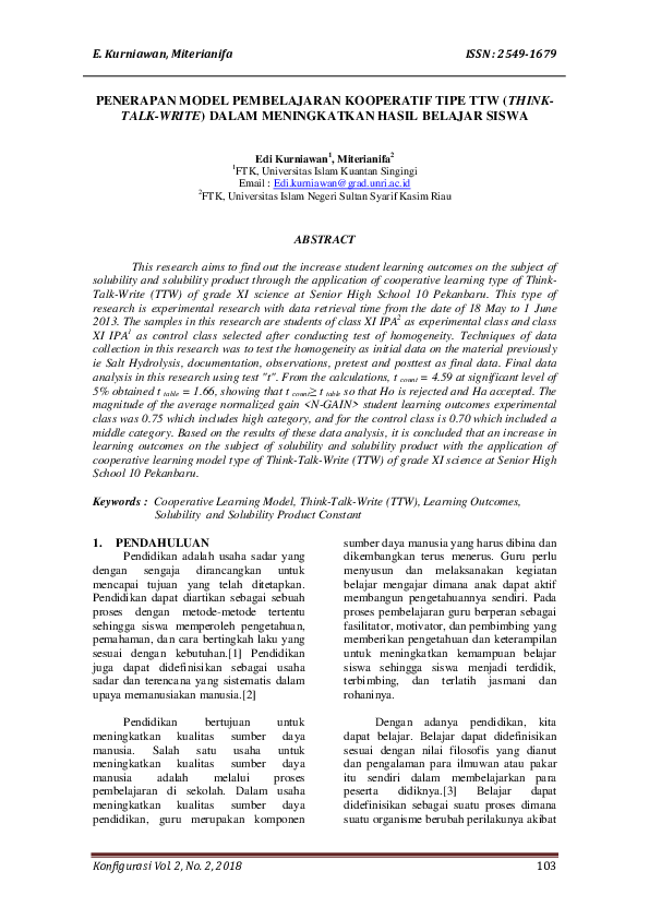 (PDF) Penerapan Model Pembelajaran Kooperatif Tipe TTW (Think-Talk-Write) Dalam Meningkatkan ...