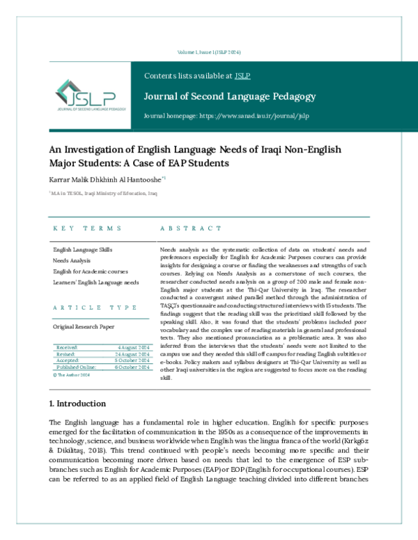 (PDF) An Investigation of English Language Needs of Iraqi Non-English ...