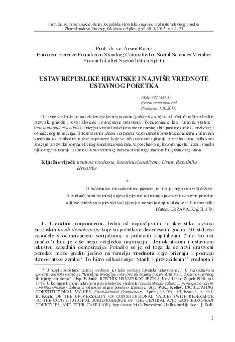 (PDF) Ustav Republike Hrvatske i najviše vrednote ustavnog poretka | arsen bacic - Academia.edu