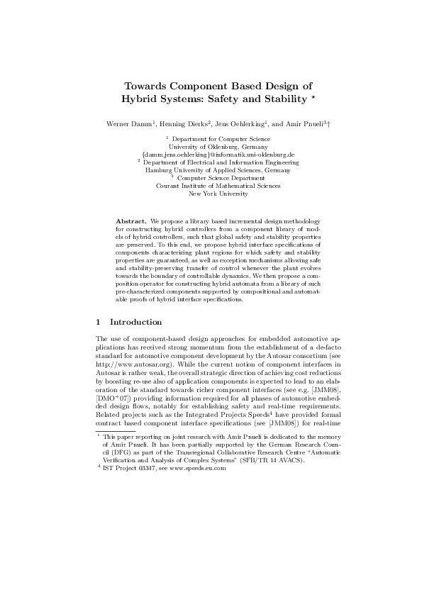 (PDF) Towards Component Based Design of Hybrid Systems: Safety and Stability