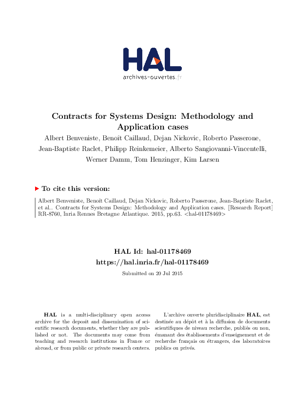 (PDF) Contracts for Systems Design: Methodology and Application cases