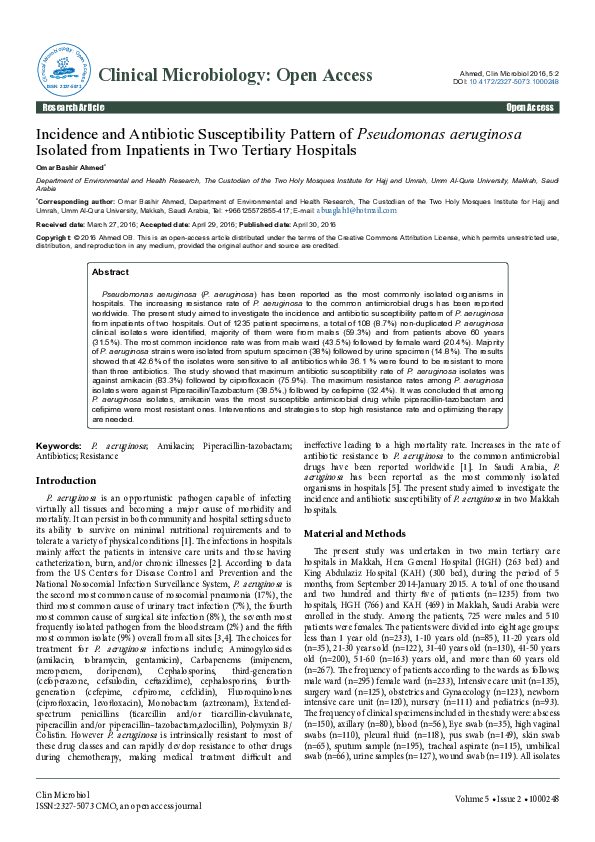(PDF) Incidence and Antibiotic Susceptibility Pattern of Pseudomonas aeruginosa Isolated from ...