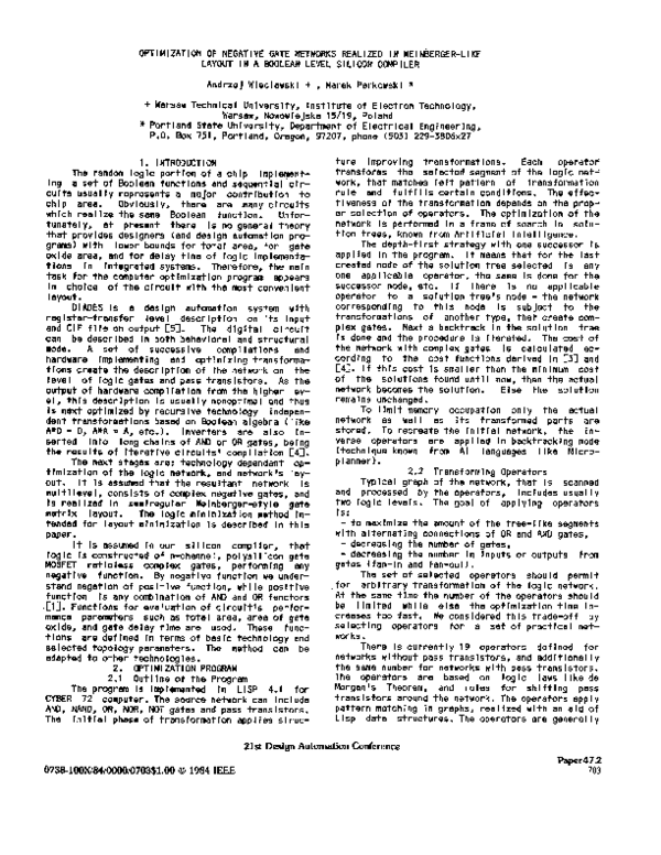 Pdf Optimization Of Negative Gate Networks Realized In Weinberger Likf Layout In A Boolean