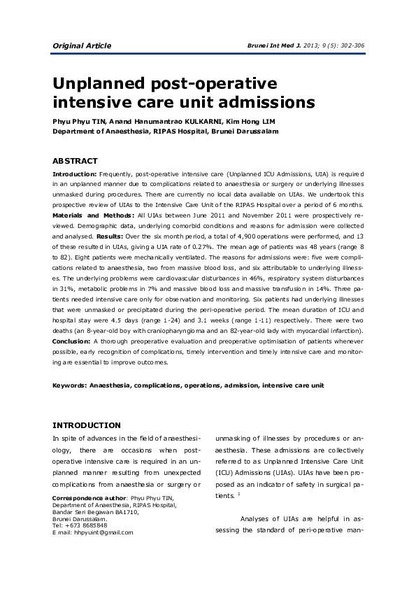 (PDF) Unplanned post-operative intensive care unit admissions
