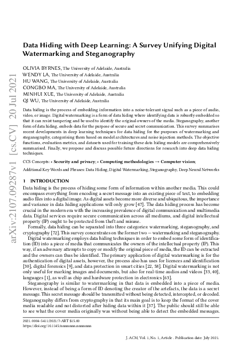 (PDF) Data Hiding With Deep Learning: A Survey Unifying Digital Watermarking and Steganography