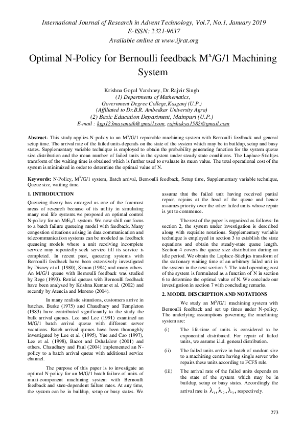 (PDF) Optimal N-Policy for Bernoulli Feedback Machining Systems