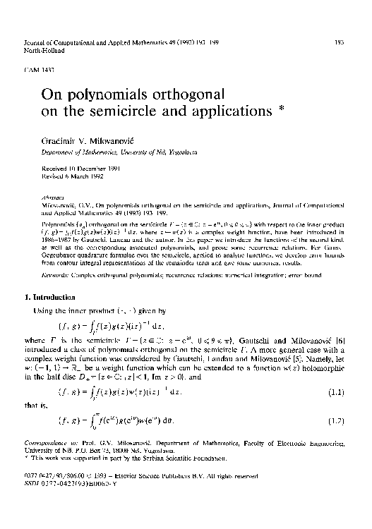 (PDF) On polynomials orthogonal on the semicircle and applications