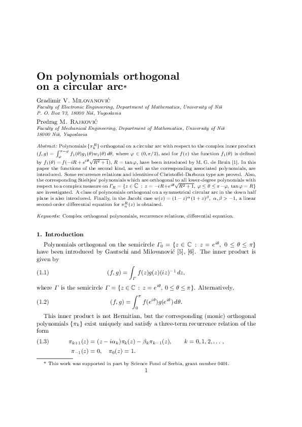 (PDF) On polynomials orthogonal on a circular arc