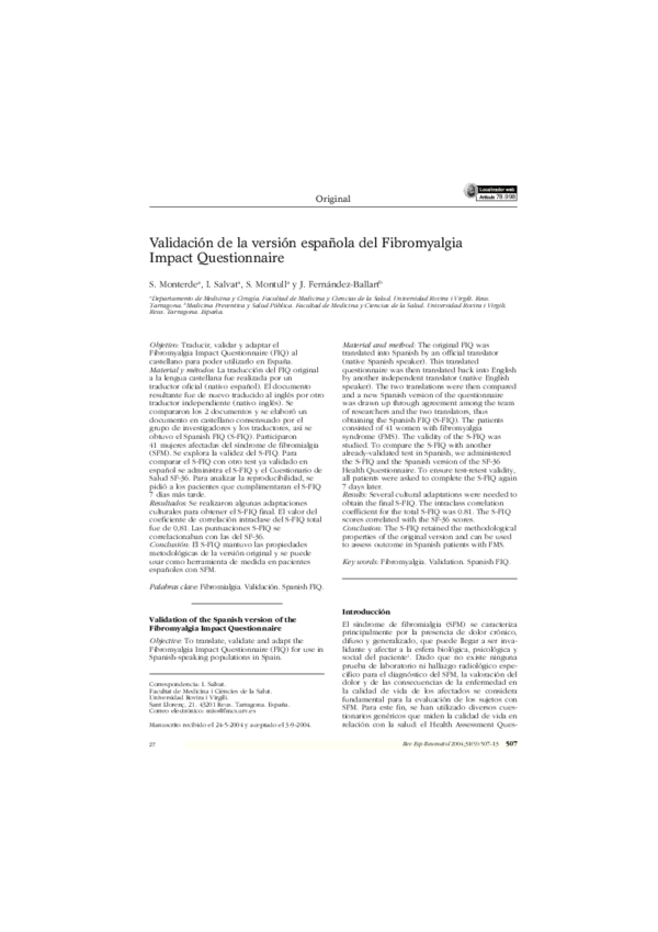 (PDF) Validación de la versión española del Fibromyalgia Impact ...