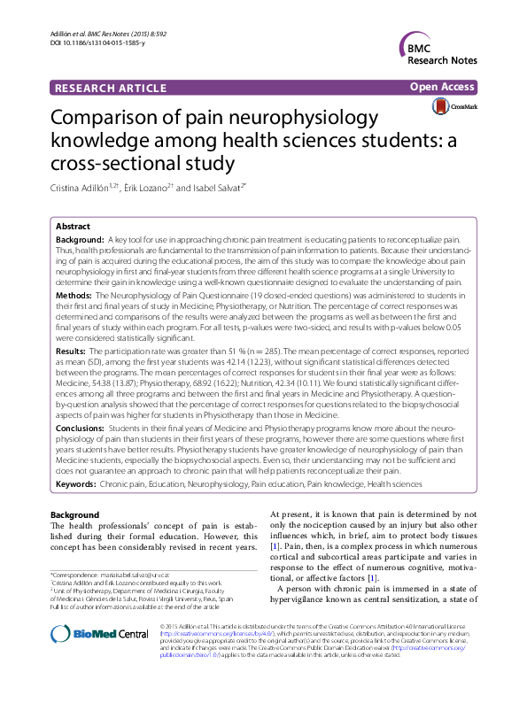(PDF) Comparison of pain neurophysiology knowledge among health ...