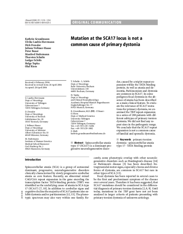(PDF) Mutation at the SCA17 locus is not a common cause of primary dystonia