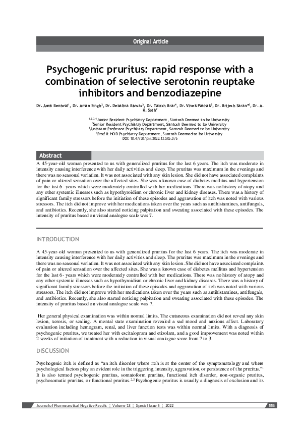 (PDF) Psychogenic pruritus: rapid response with a combination of ...