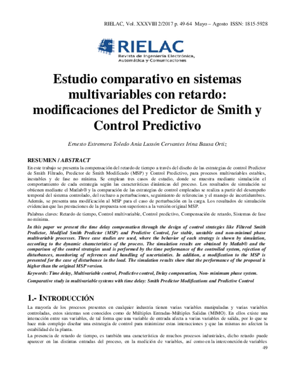 (PDF) Estudio comparativo en sistemas multivariables con retardo: modificaciones del Predictor ...
