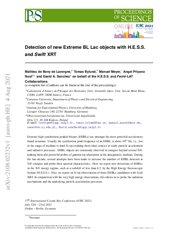 (PDF) Detection of new Extreme BL Lac objects with H.E.S.S. and Swift ...