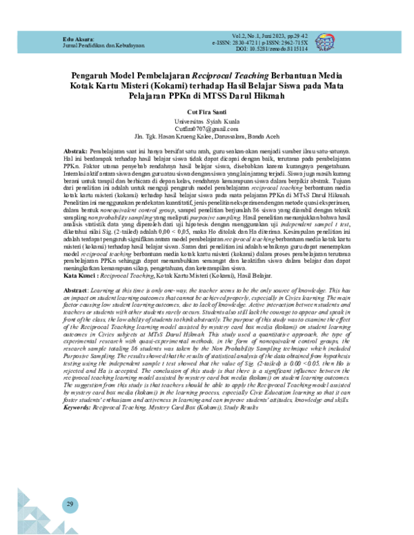 (PDF) Pengaruh Model Pembelajaran Reciprocal Teaching Berbantuan Media ...