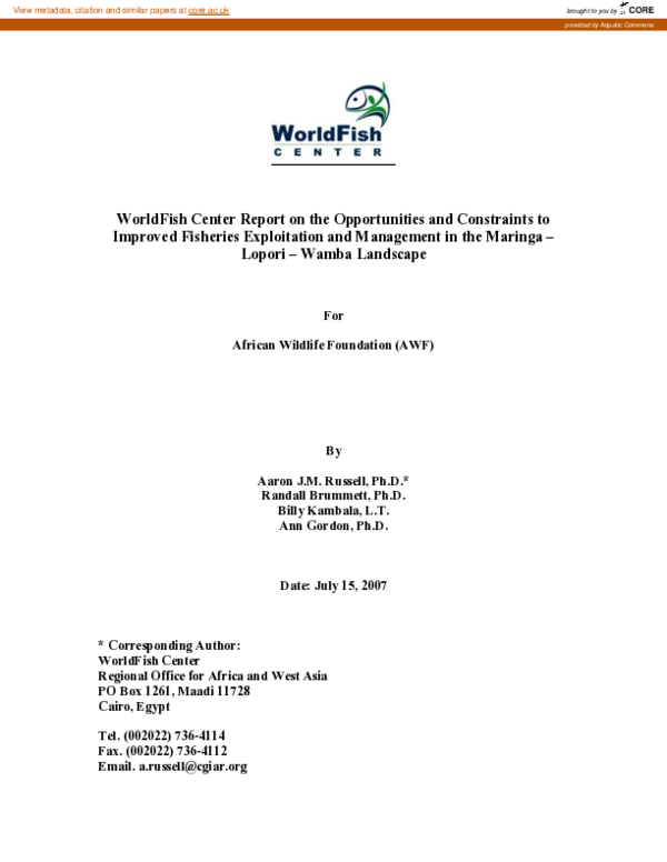 (PDF) WorldFish Center Report on the Opportunities and Constraints to ...