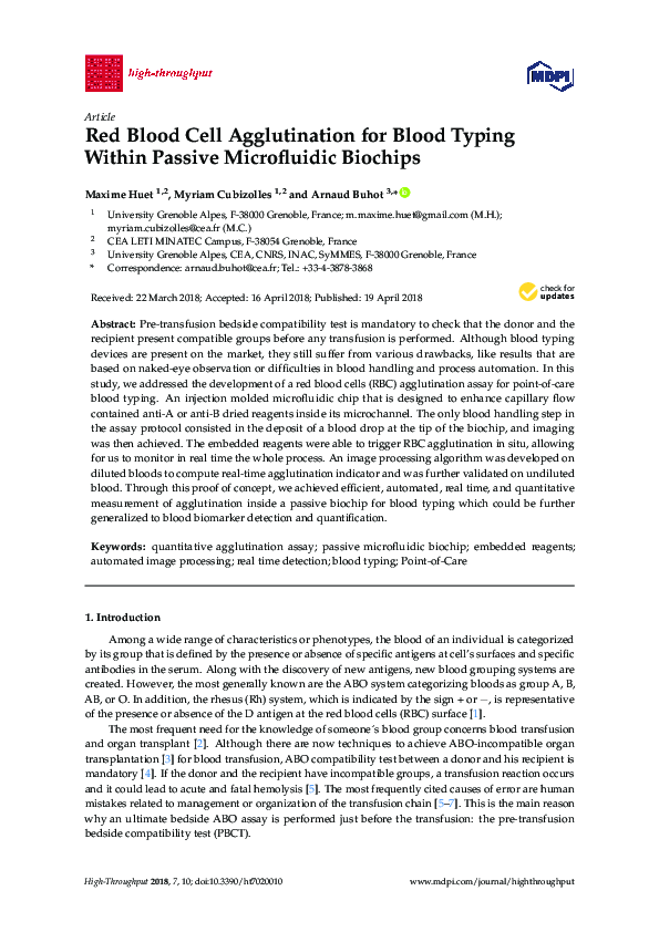 Red Blood Cell Agglutination for Blood Typing Within Passive ...