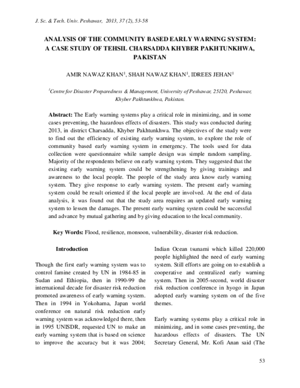 (PDF) Analysis of the Community Based Early Warning System: A Case Study of Tehsil Charsadda ...
