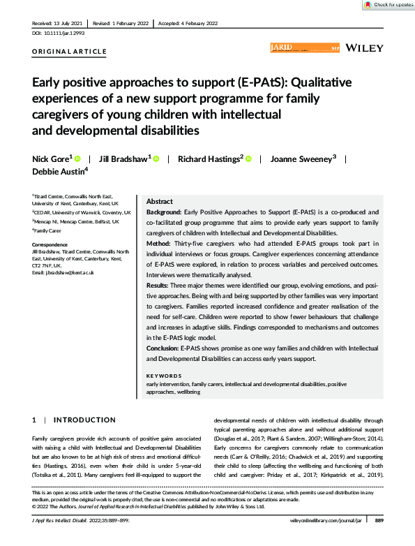 (PDF) Early positive approaches to support (E‐PAtS): Qualitative experiences of a new support ...