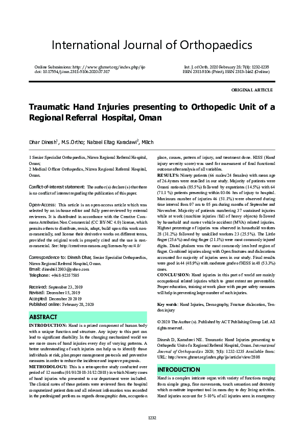 (PDF) Traumatic Hand Injuries presenting to Orthopedic Unit of a ...