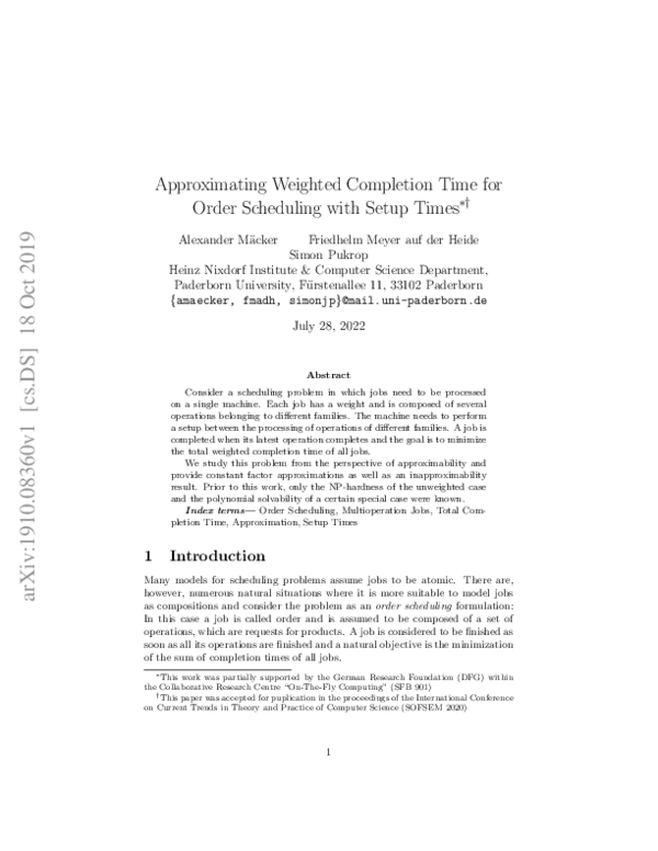 Pdf Approximating Weighted Completion Time For Order Scheduling With Setup Times
