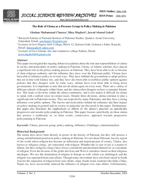 (PDF) The Role of Ulema as a Pressure Group in Policy-Making in Pakistan
