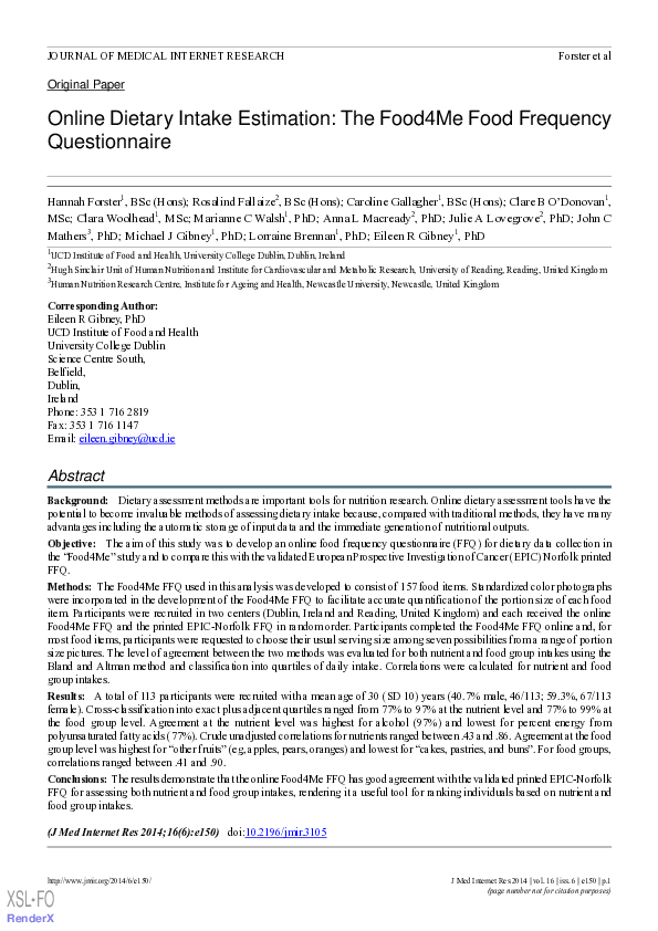 (PDF) Online Dietary Intake Estimation: The Food4Me Food Frequency Questionnaire