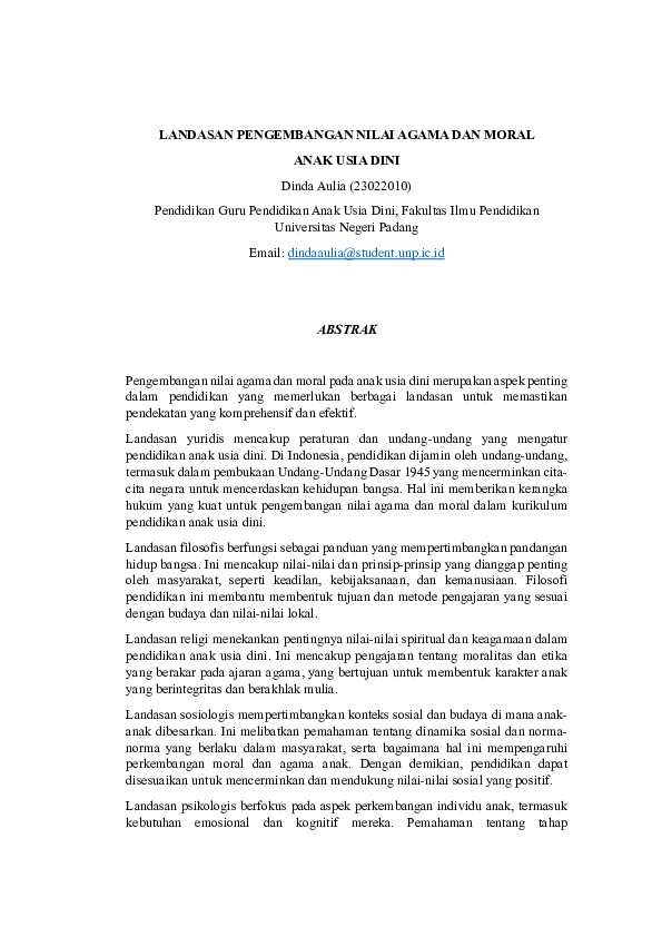 (PDF) LANDASAN PENGEMBANGAN NILAI AGAMA DAN MORAL ANAK USIA DINI