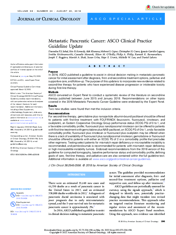 (PDF) Metastatic Pancreatic Cancer: ASCO Clinical Practice Guideline Update