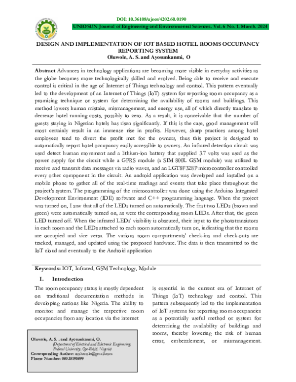 (PDF) Design and Implementation of Iot Based Hotel Rooms Occupancy ...