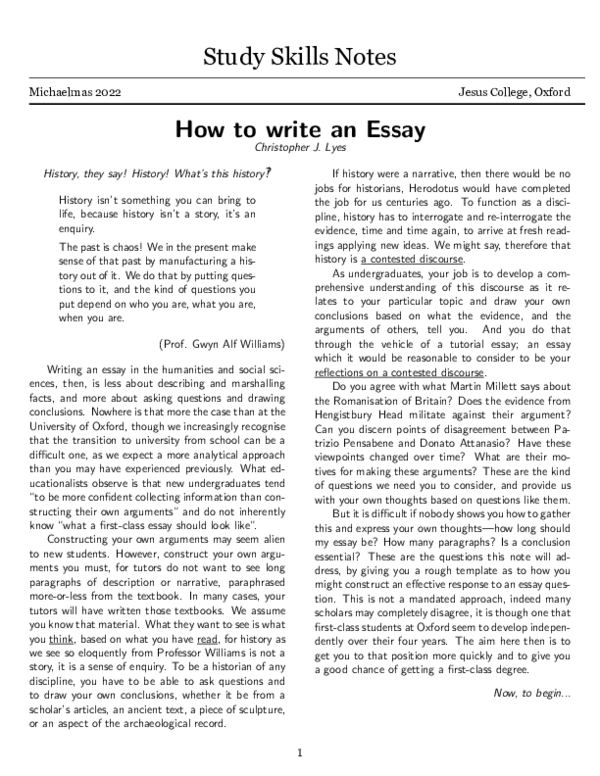 (PDF) How to Write an Essay in the Humanities (Study Skills Note)