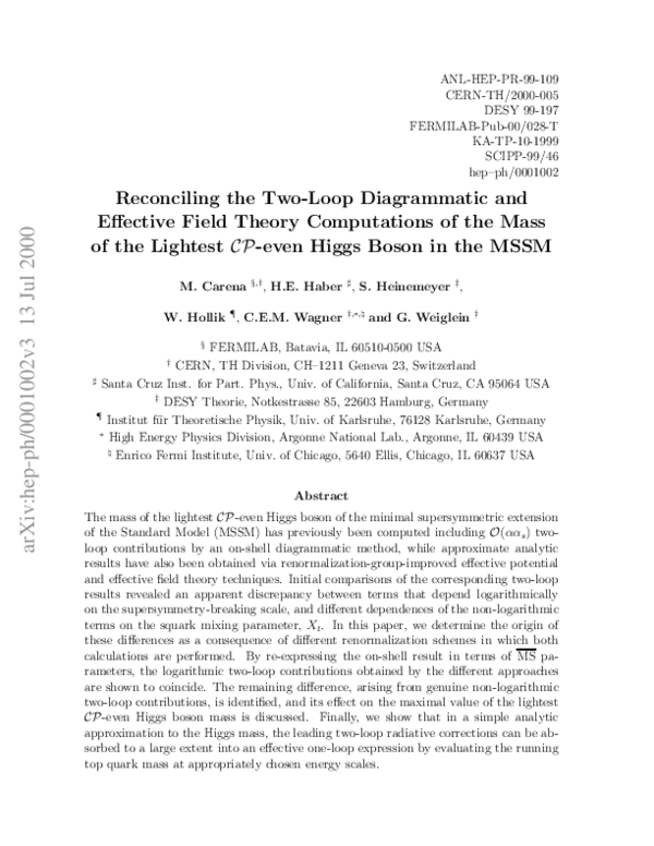 (PDF) Reconciling the two-loop diagrammatic and effective field theory computations of the mass ...