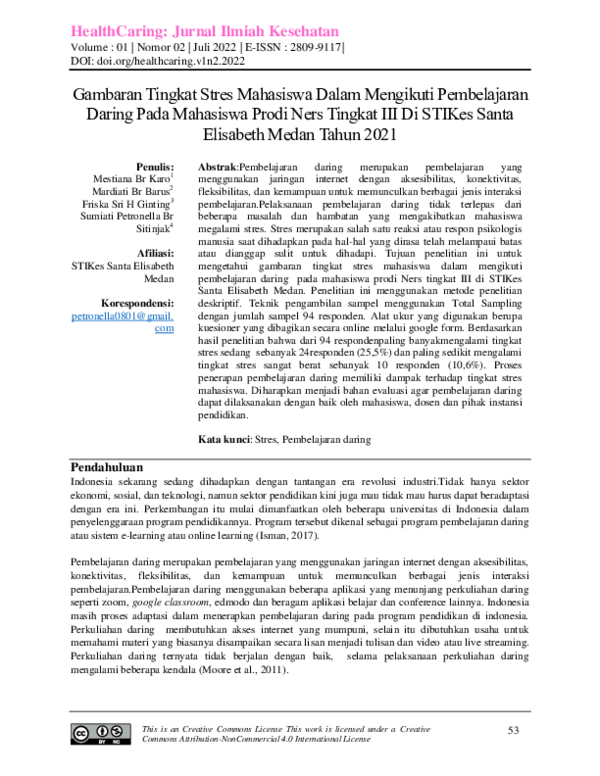 (PDF) Gambaran Tingkat Stres Mahasiswa Dalam Mengikuti Pembelajaran Daring Pada Mahasiswa Prodi ...