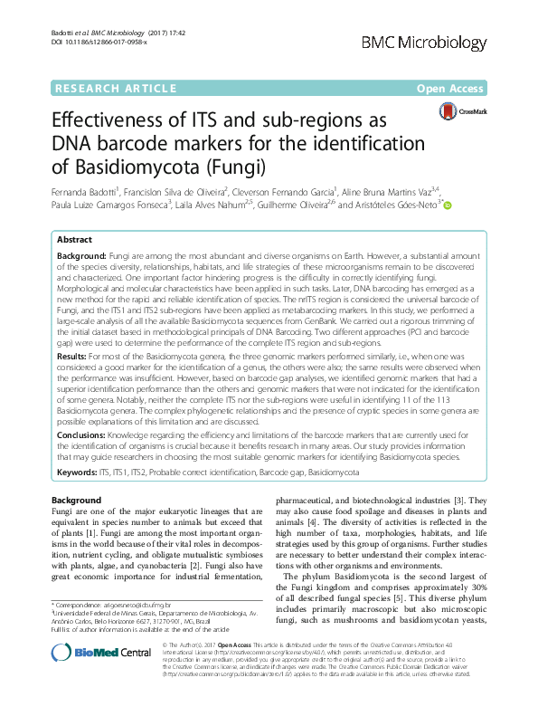 Effectiveness of ITS and sub-regions as DNA barcode markers for the ...