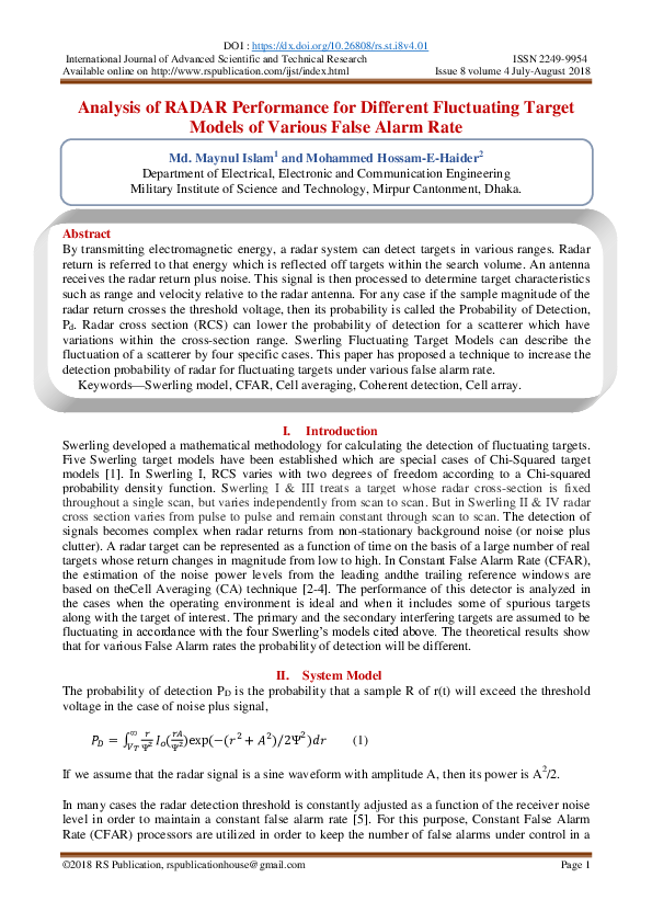 Pdf Enhancing Radar Detection For Fluctuating Targets