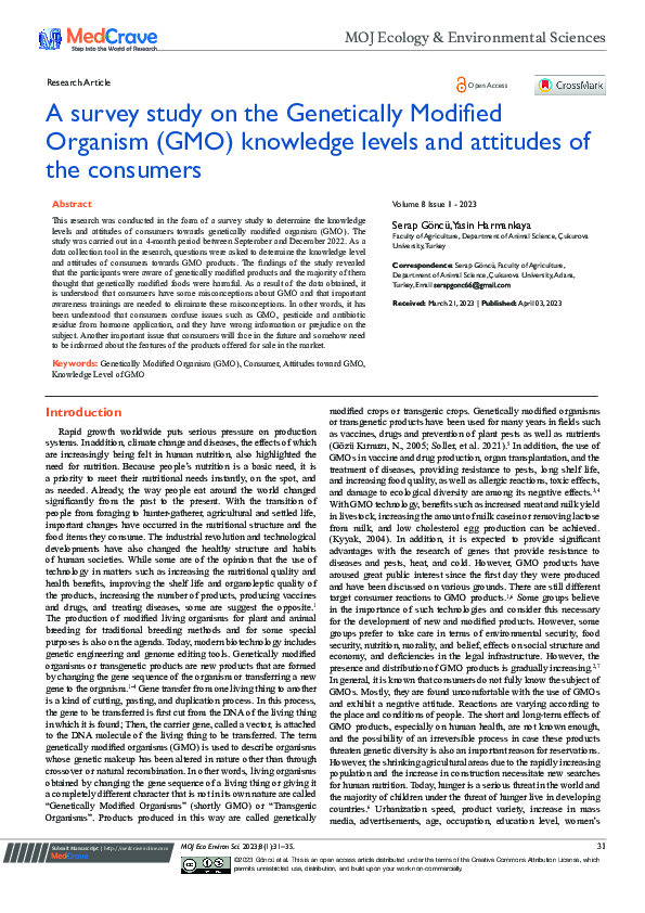 (PDF) A survey study on the Genetically Modified Organism (GMO) knowledge levels and attitudes ...