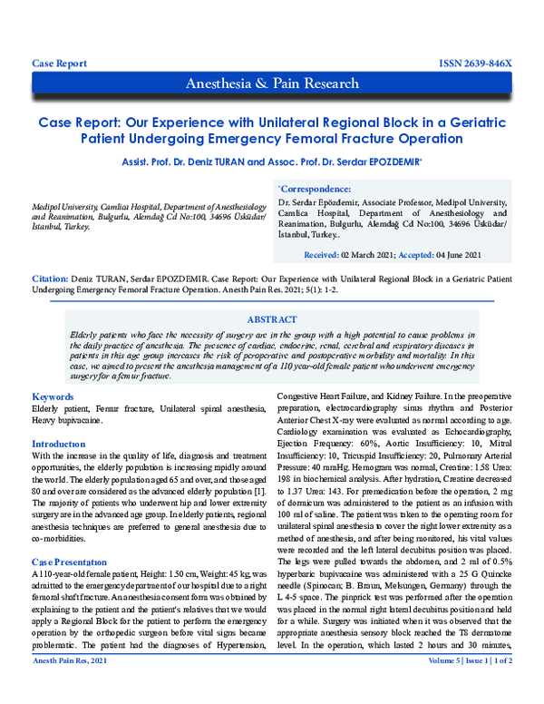 (PDF) Case Report: Our Experience with Unilateral Regional Block in a ...