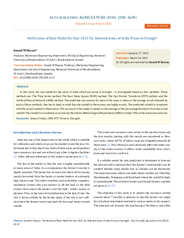 (PDF) Verification of Rain Model for Year 2021 for Selected Areas of ...
