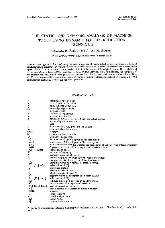 (PDF) The static and dynamic analysis of machine tools using dynamic matrix reduction technique