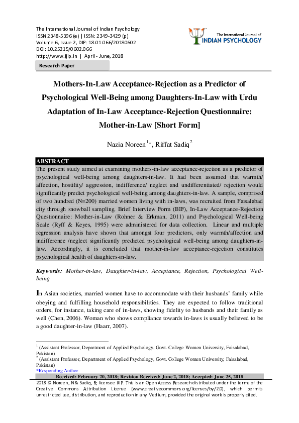 (PDF) Mothers-In-Law Acceptance-Rejection as a Predictor of Psychological Well-Being among ...