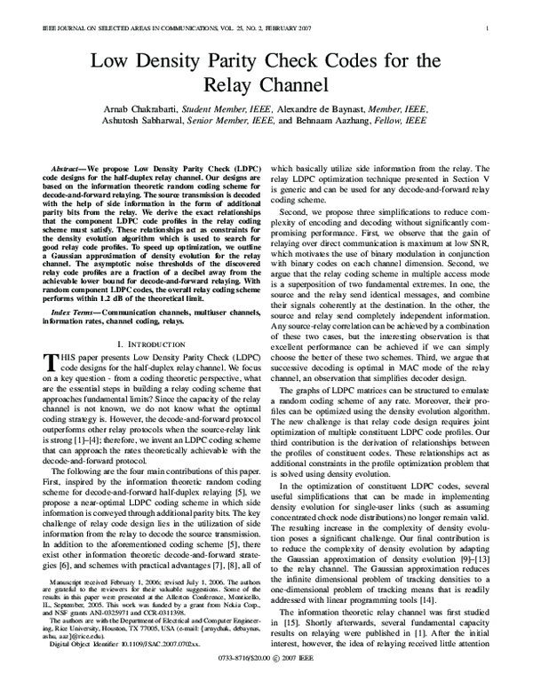 (PDF) Low density parity check codes for the relay channel